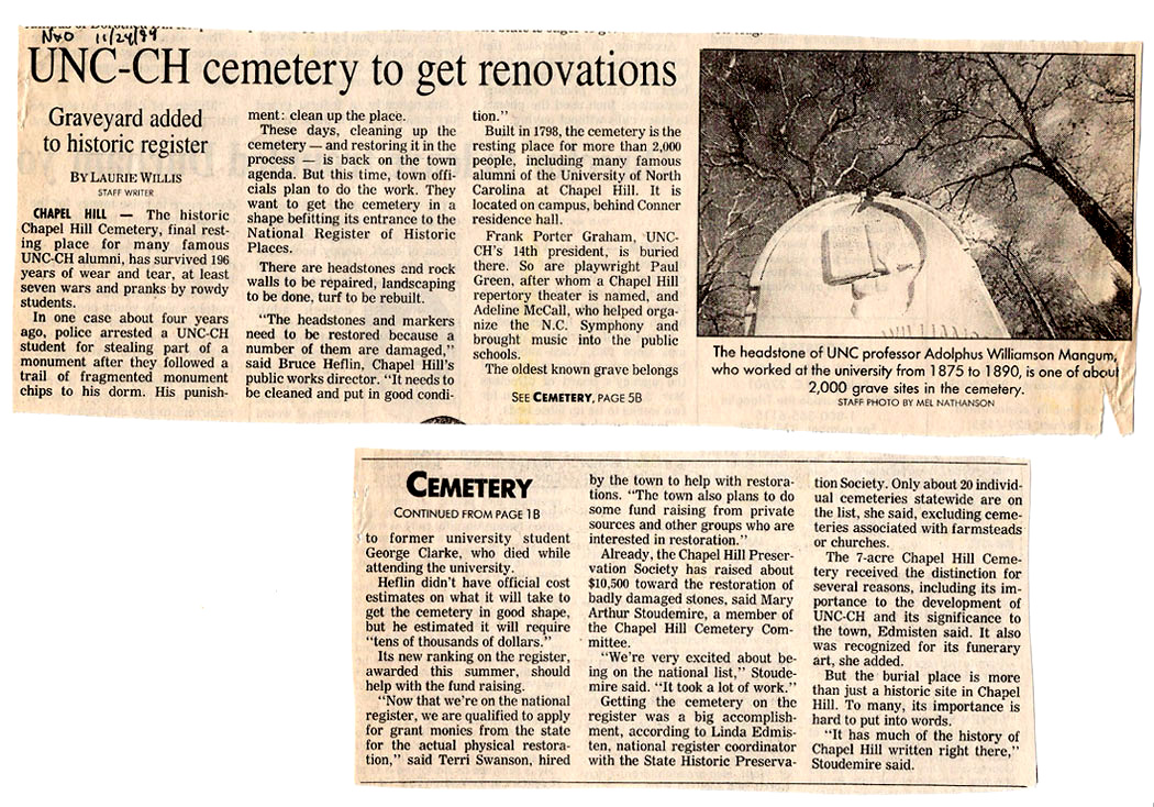 Selected News Clippings - Old Chapel Hill Cemetery | Town of Chapel Hill